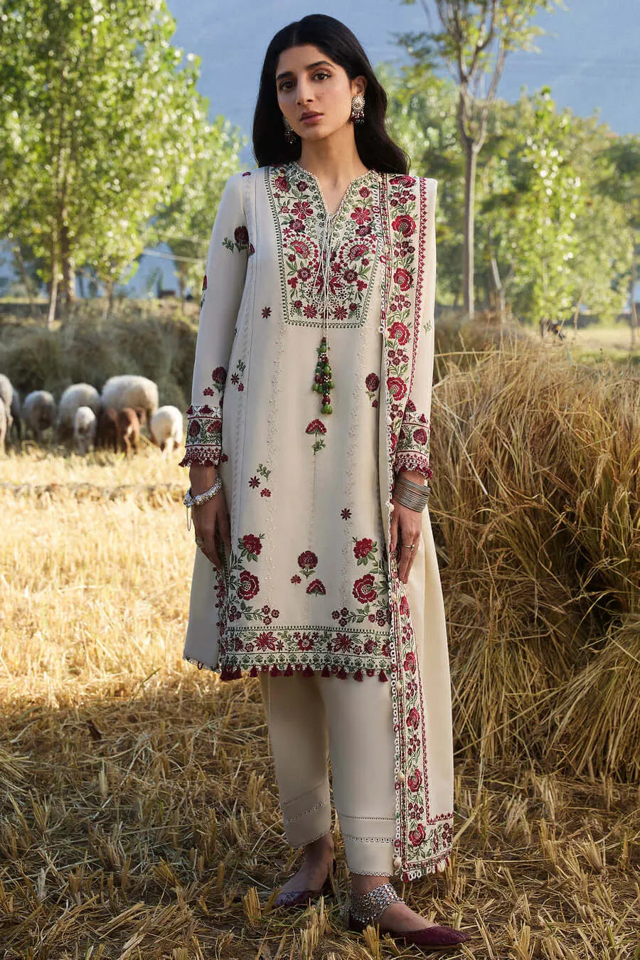 3 Piece Unstitched Heavy Embroidered Dhanak Suit with Heavy Embroidere ...