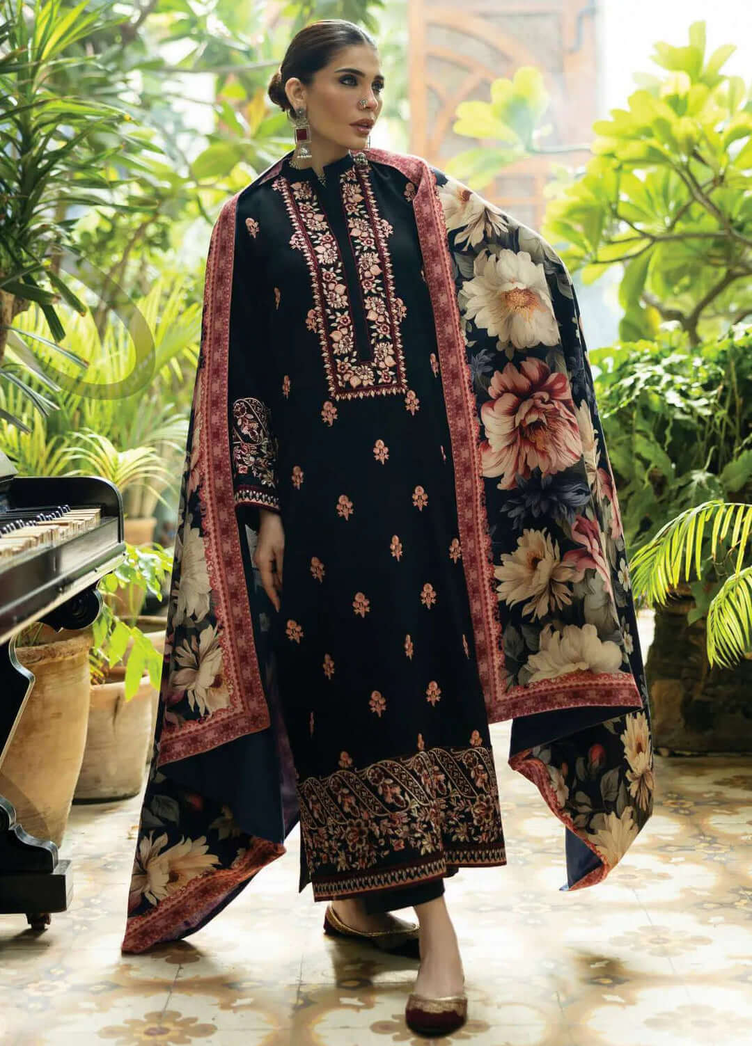 3 Piece Unstitched Heavy Embroidered Dhanak Suit with Printed Woolen S ...