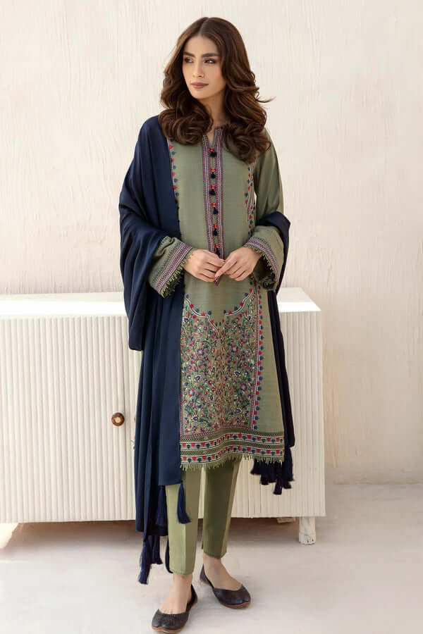 3 Piece Unstitched Heavy Embroidered Dhanak Suit with Dhanak Dyed Shaw ...