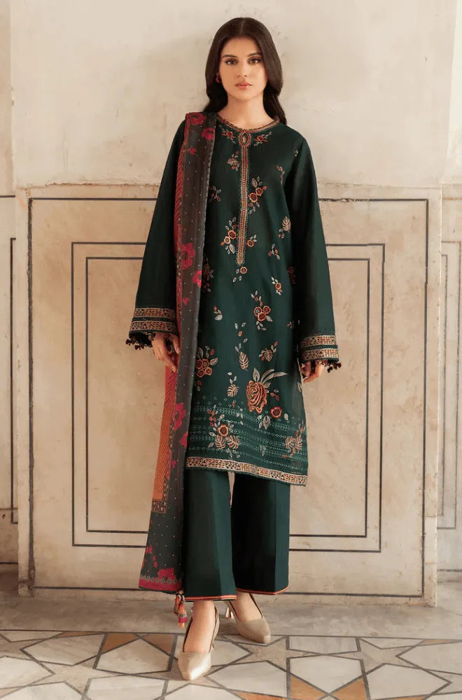 3 Piece Unstitched Heavy Embroidered Dhanak Suit with Printed Woolen S ...