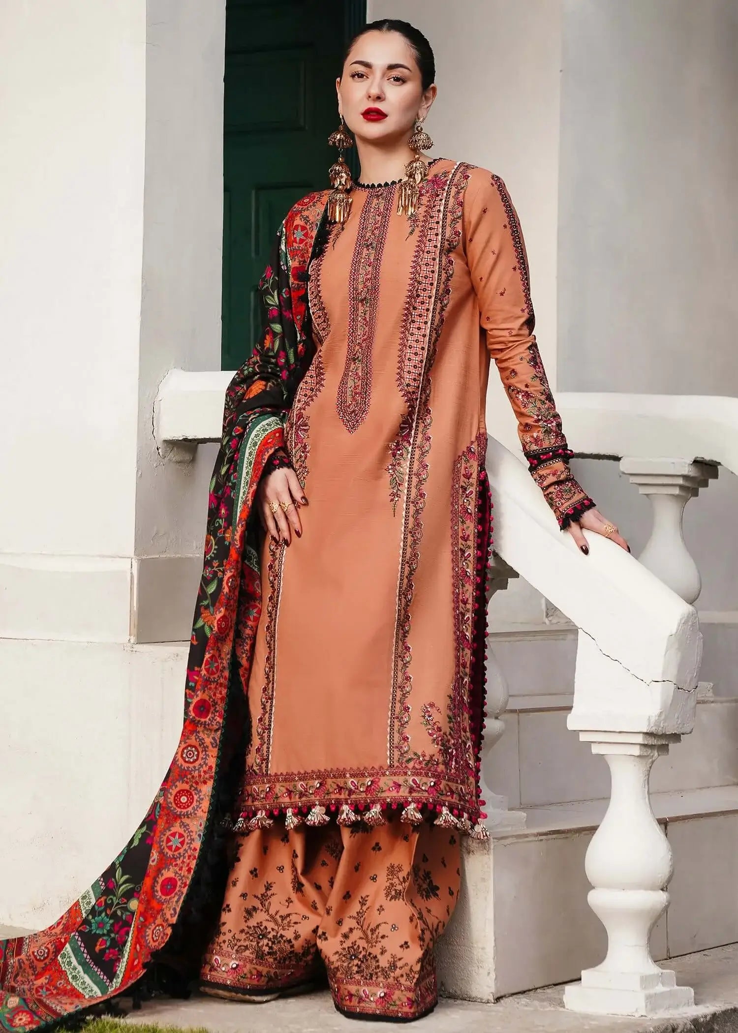 3 Piece Unstitched Heavy Embroidered Dhanak Suit with Printed Woolen S ...