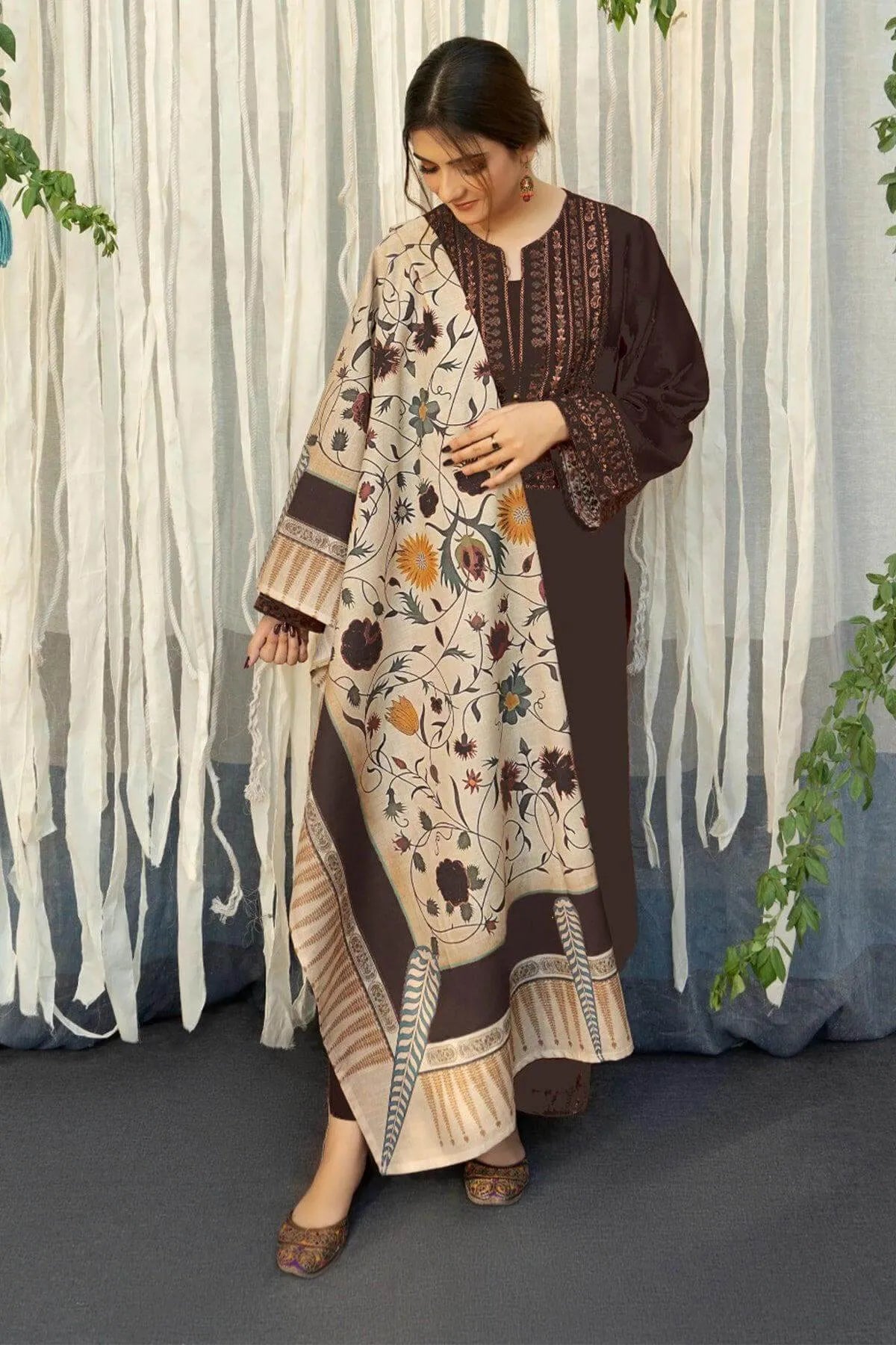 3 Piece Unstitched Heavy Embroidered Dhanak Suit with Printed Woolen S ...