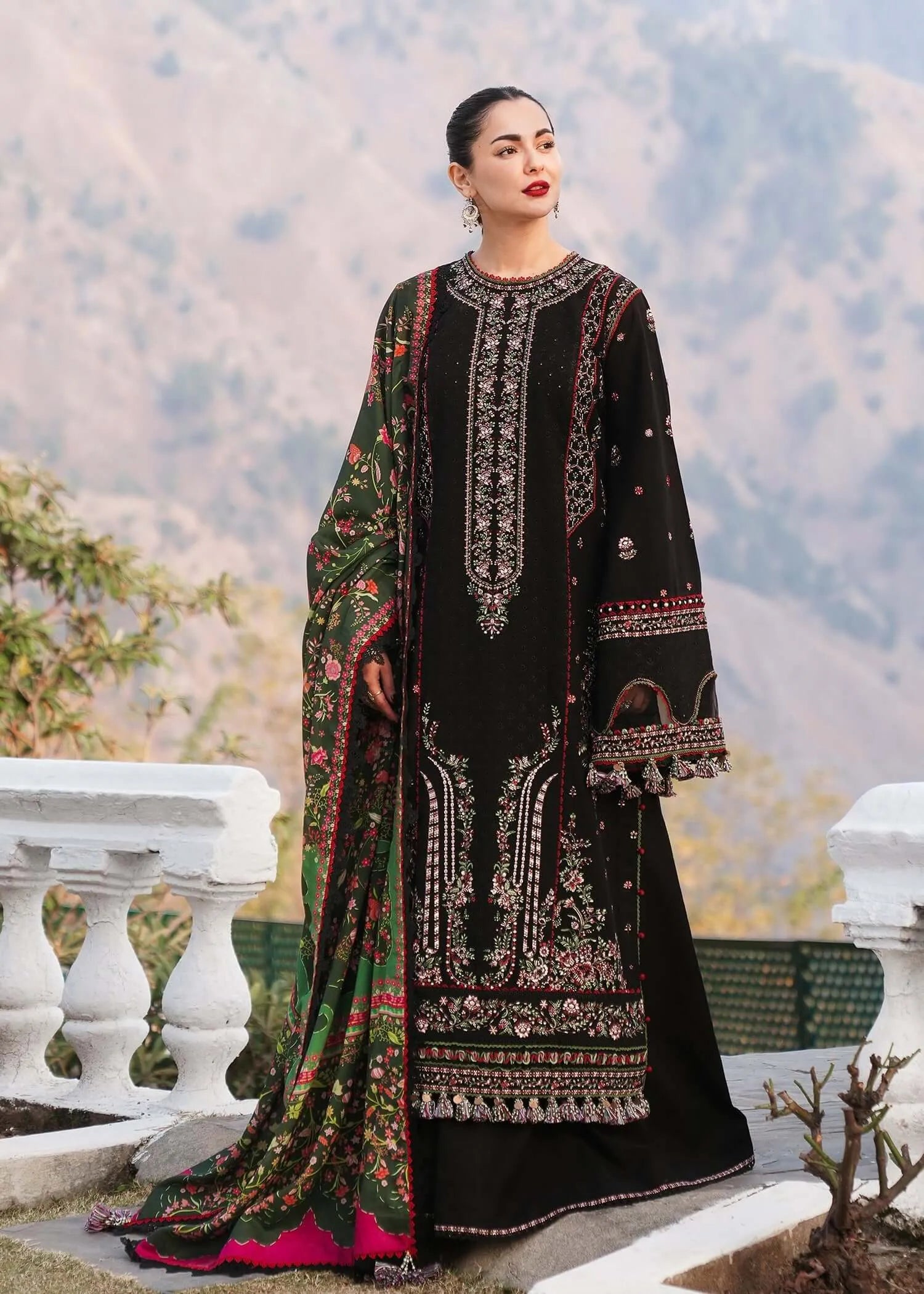 3 Piece Unstitched Heavy Embroidered Dhanak Suit with Printed Woolen S ...